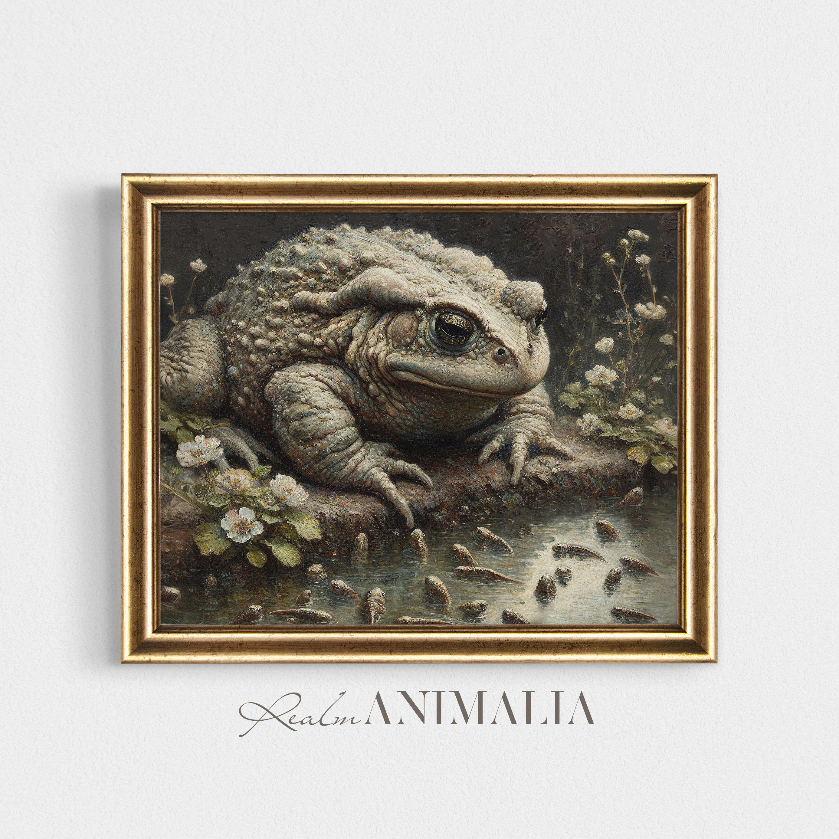 Vintage Toad Painting, Printable Toad With Tadpoles in Nature Scenery ...