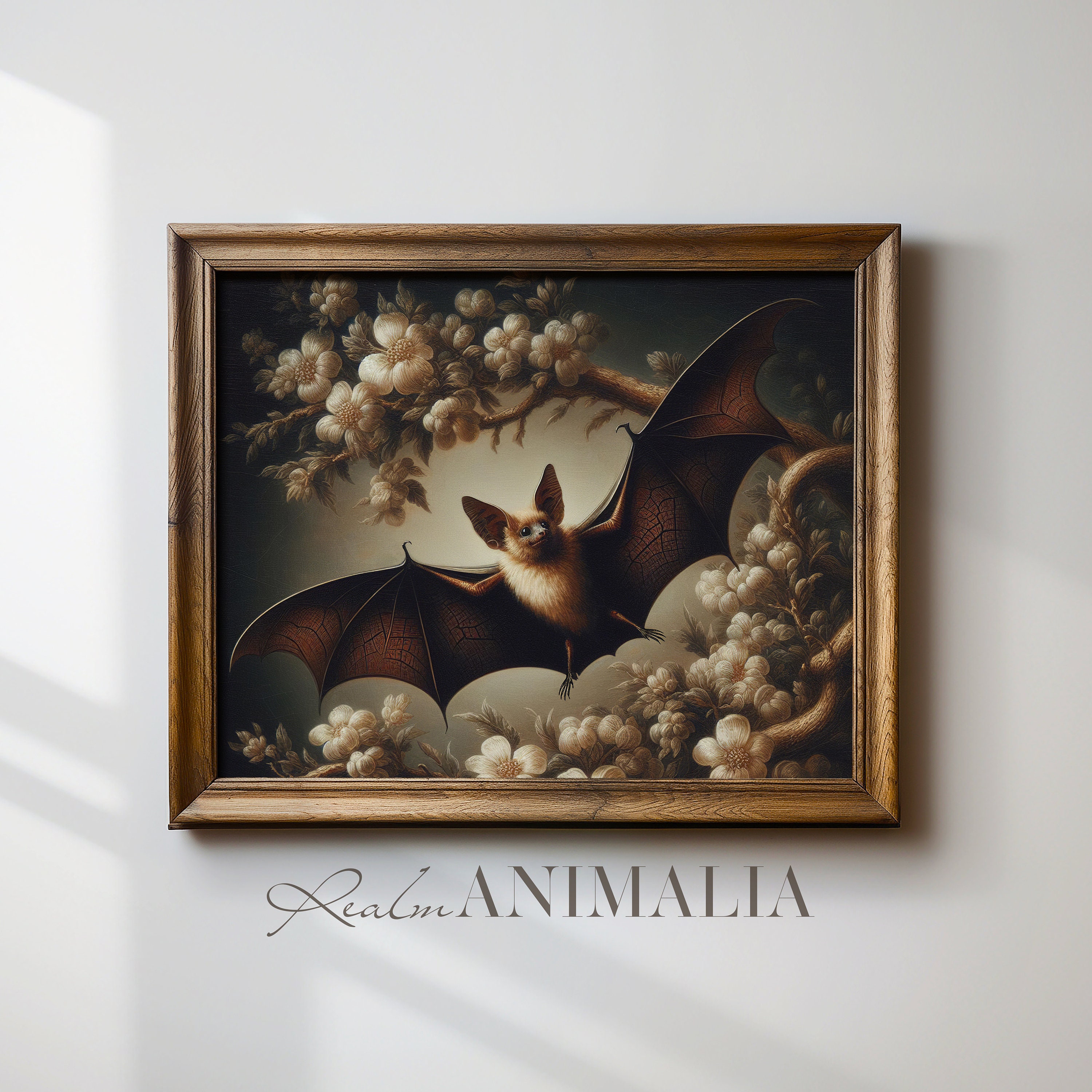 Flying Bat Art Print, Printable Vintage Floral Botanical Bat Painting ...