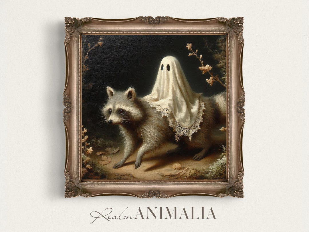 Little Ghost Riding on Raccoon Art Print, Printable Vintage Halloween ...