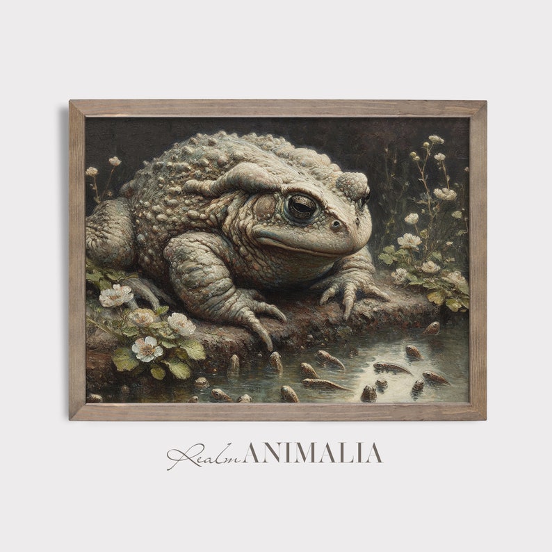 Vintage Toad Painting, Printable Toad With Tadpoles in Nature Scenery ...