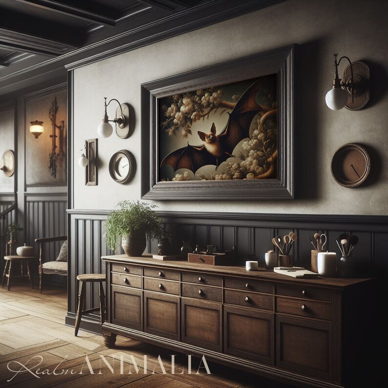 Flying Bat Art Print, Printable Vintage Floral Botanical Bat Painting ...