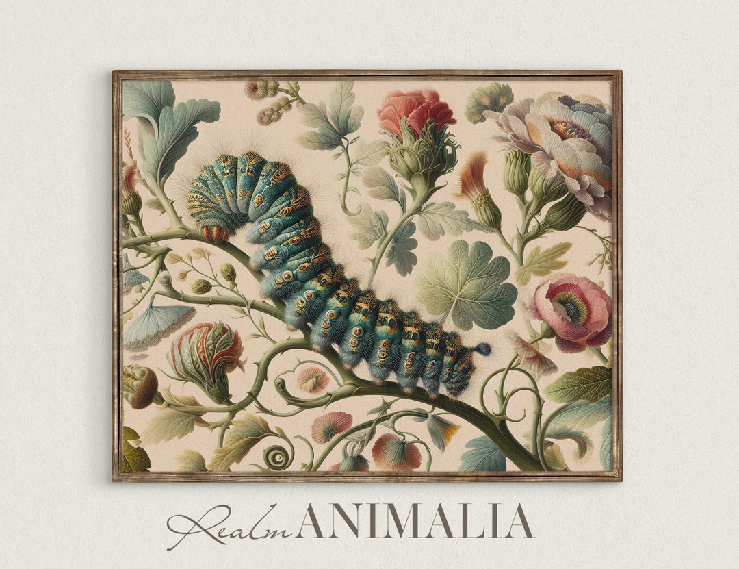 Vintage Botanical Caterpillar Print, Printable Floral Insect ...