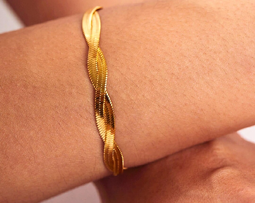 18K Gold Plated Braided Double Snake Bracelet, Stainless Steel ...