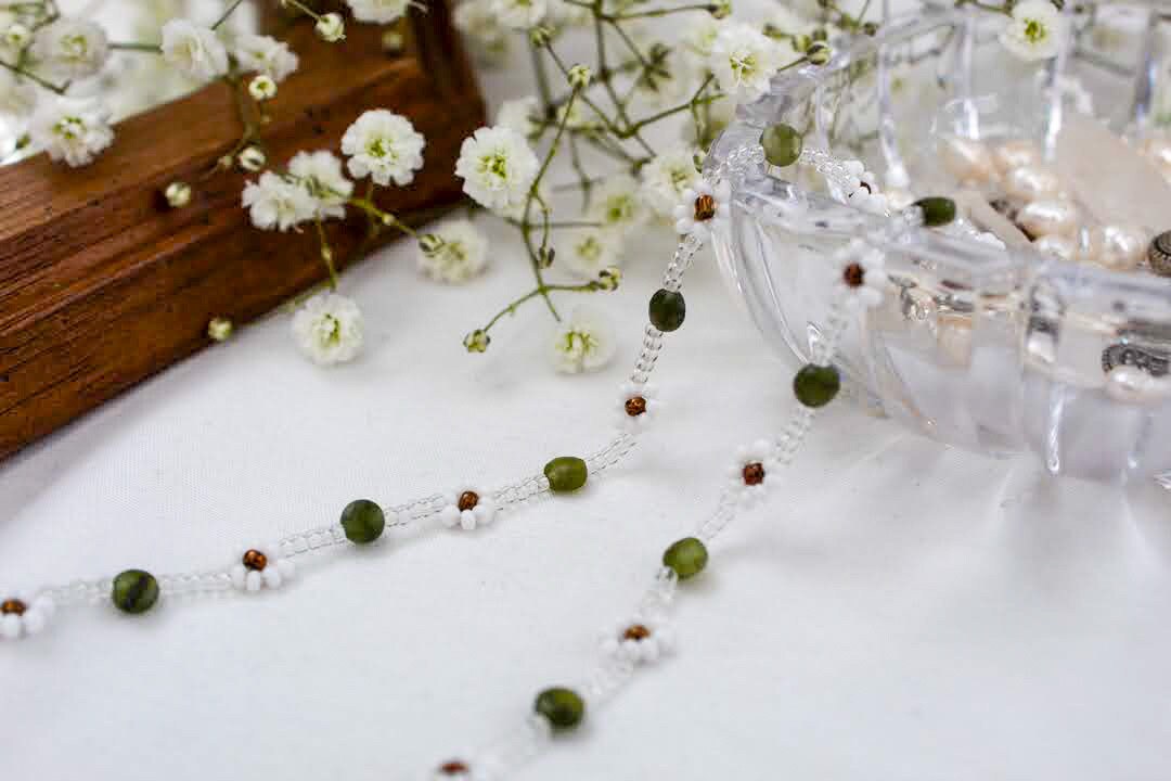 Green Jade Flower Seed Bead Necklace/ Flower Choker Necklace/ Crystal ...