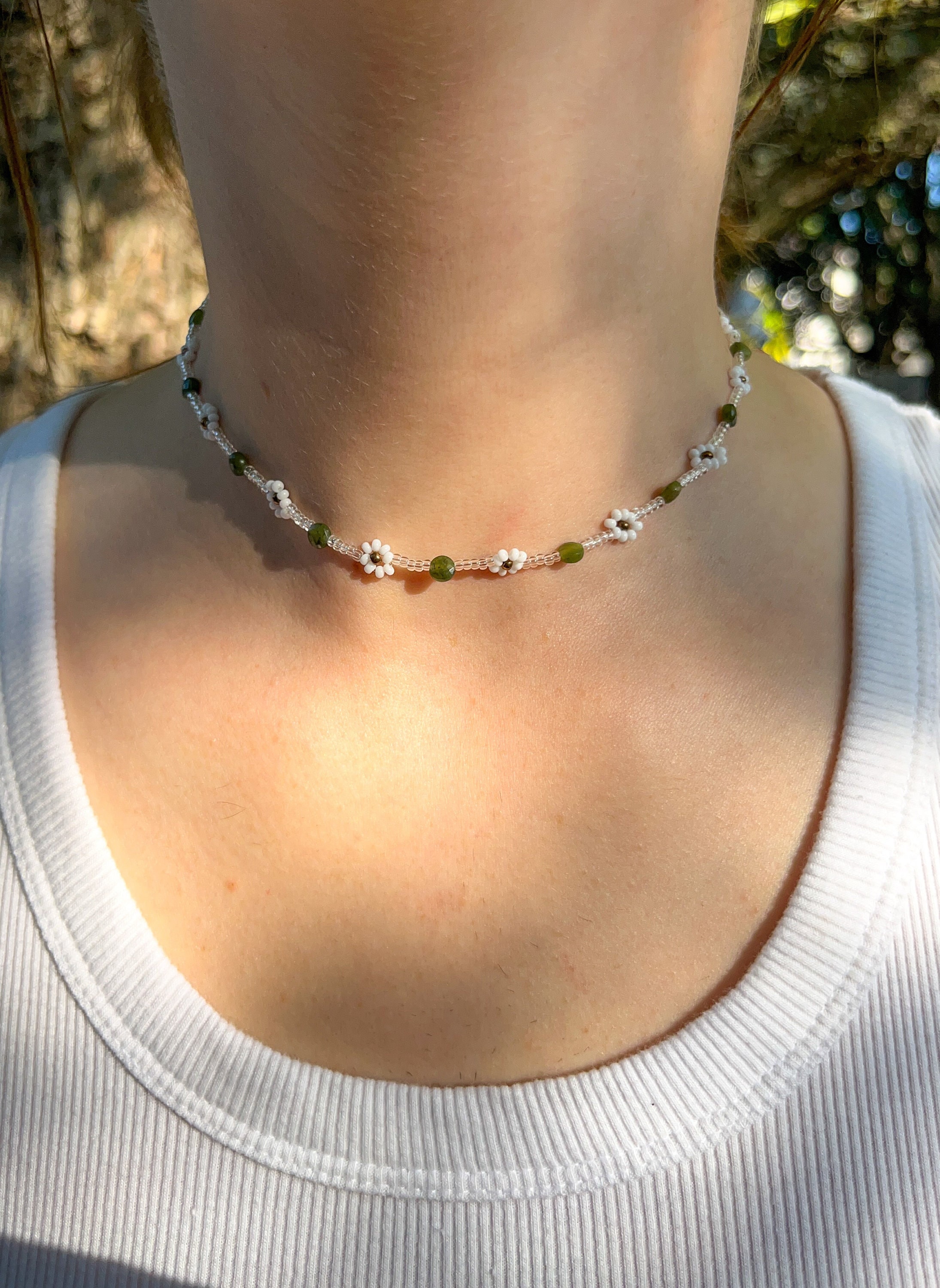 Green Jade Flower Seed Bead Necklace/ Flower Choker Necklace/ Crystal ...