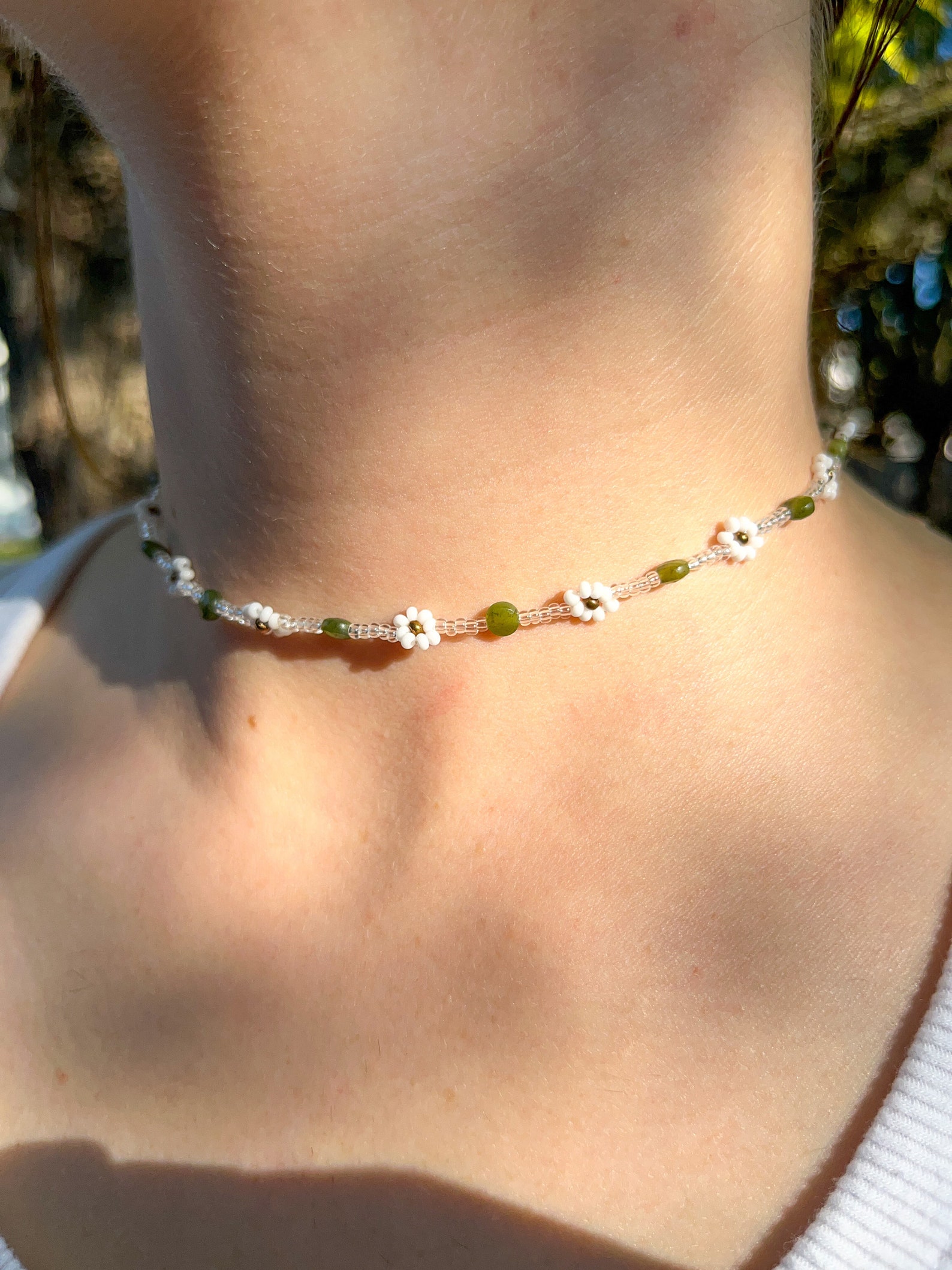Green Jade Flower Seed Bead Necklace/ Flower Choker Necklace/ Crystal ...
