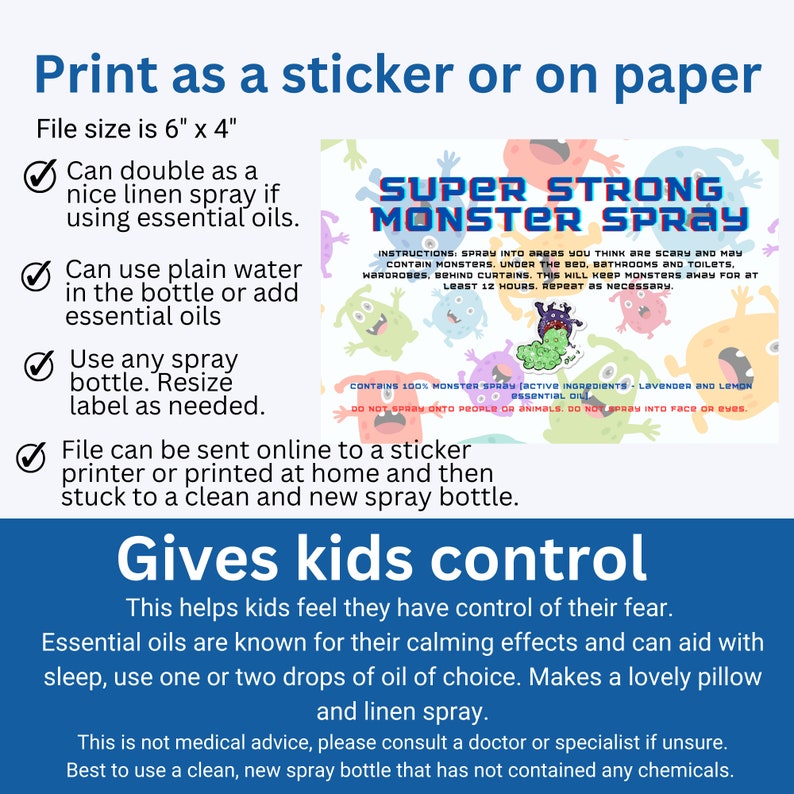 Monster Spray Label - Digital Download Label for Spray Bottle. Kids ...