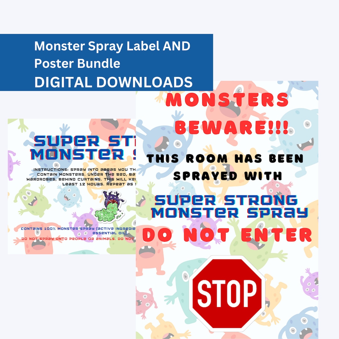 Monster Spray Label and Monsters Beware Poster - Digital Download Label ...