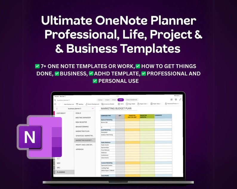 Onenote Planner Templates: Work, Life, ADHD, Business (digital Download ...