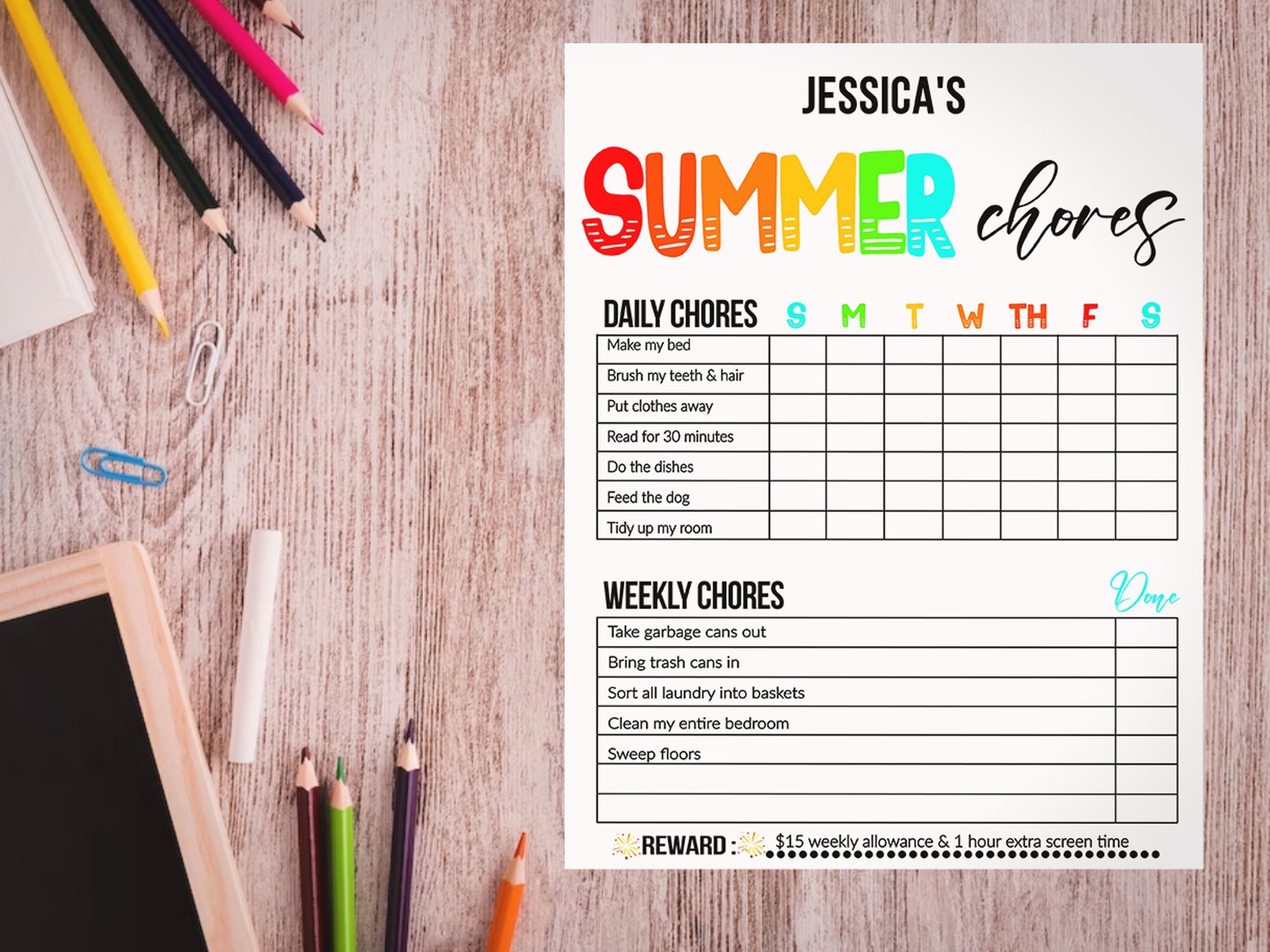 Editable Chore Chart for Kids, Summer Chore Chart, Kids Chores Chart ...