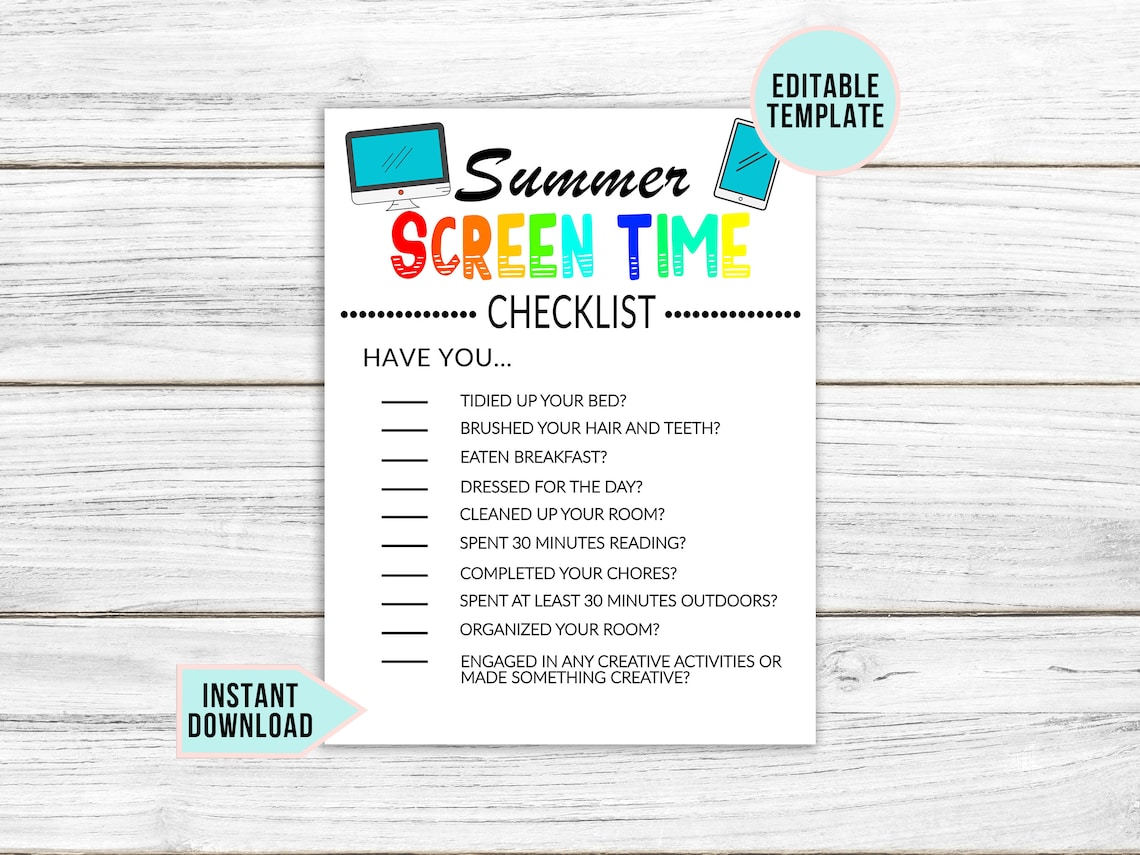 Editable Summer Screen Time Rules for Kids, Summer Planner, Printable ...
