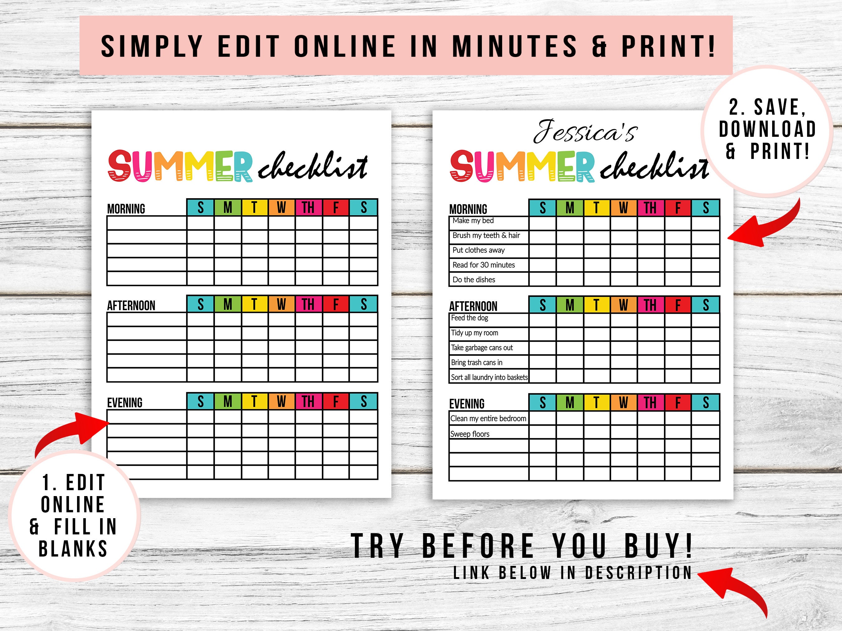 Editable Summer Daily Checklist for Kids, Daily Summer Routine, Kids ...