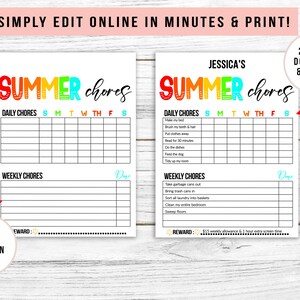 Editable Chore Chart for Kids, Summer Chore Chart, Kids Chores Chart ...