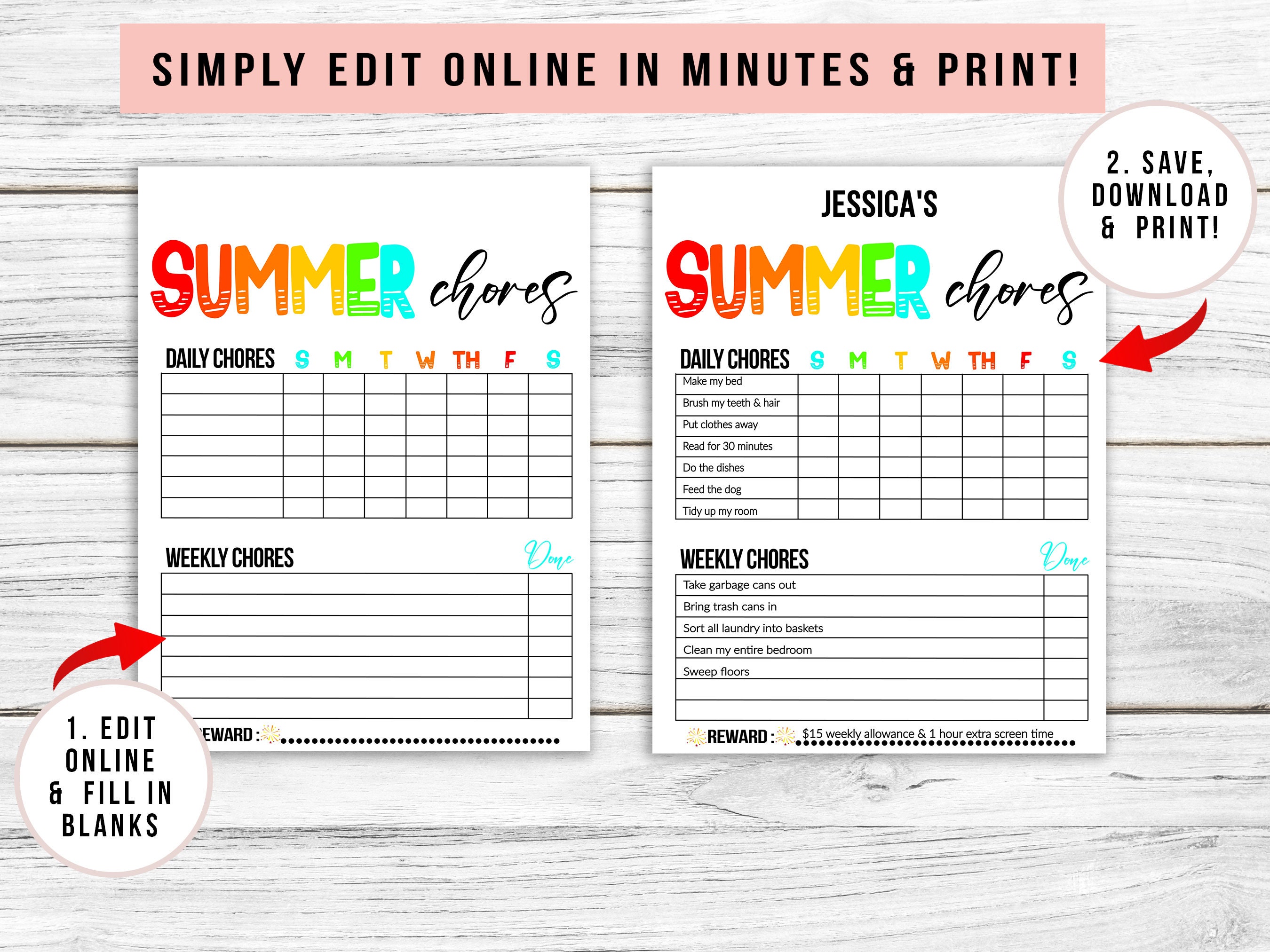 Editable Chore Chart for Kids, Summer Chore Chart, Kids Chores Chart ...