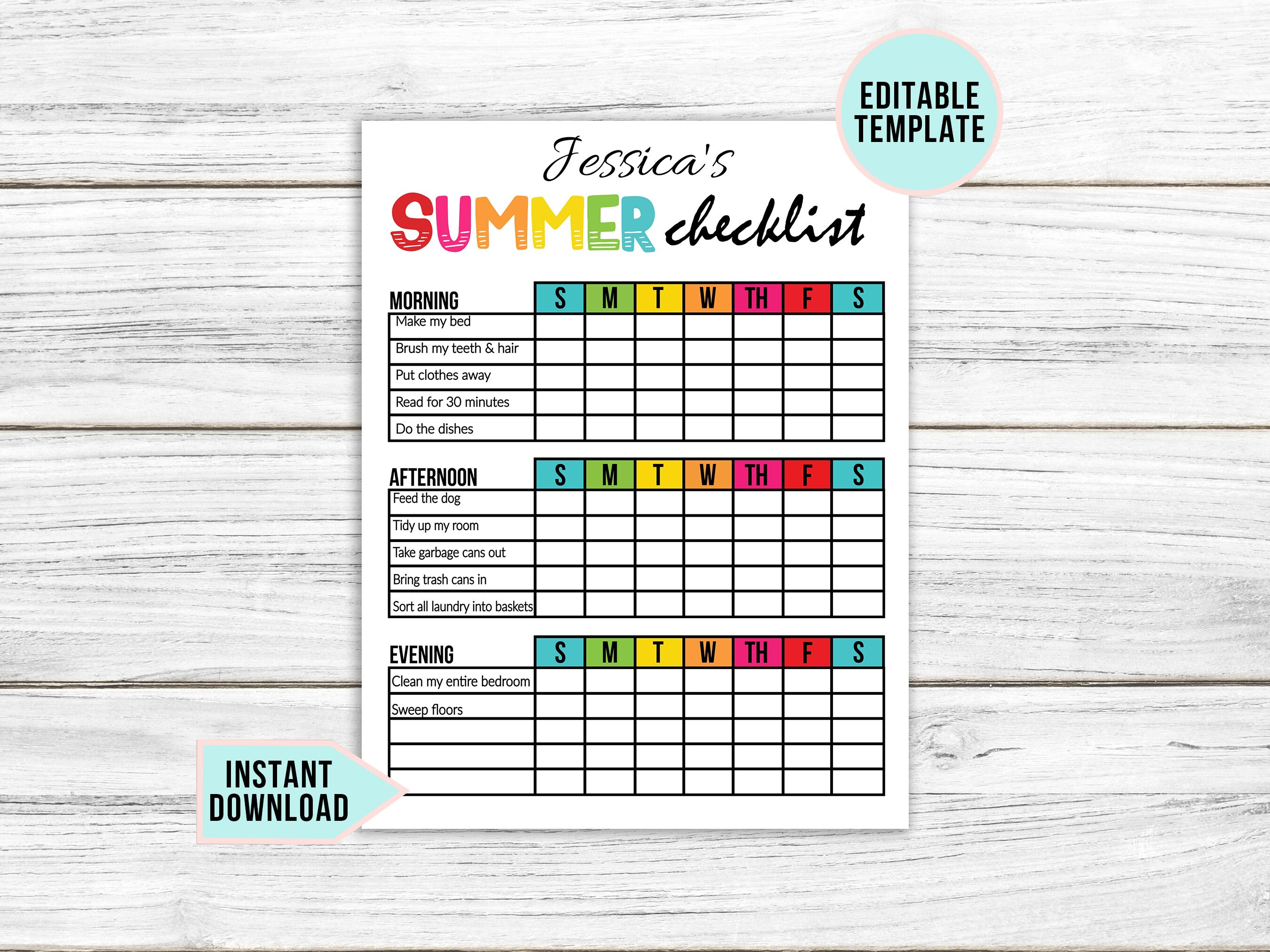 Editable Summer Daily Checklist for Kids, Daily Summer Routine, Kids ...