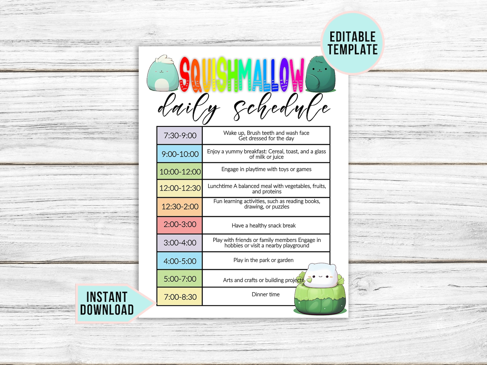 Editable Kids Daily Schedule Template, Squishmallow Schedule Printable ...