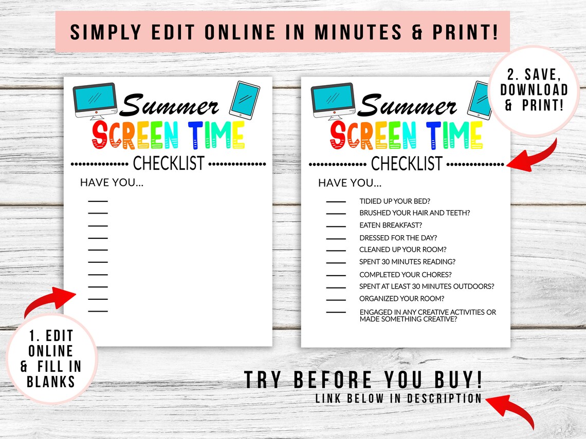 Editable Summer Screen Time Rules for Kids, Summer Planner, Printable ...