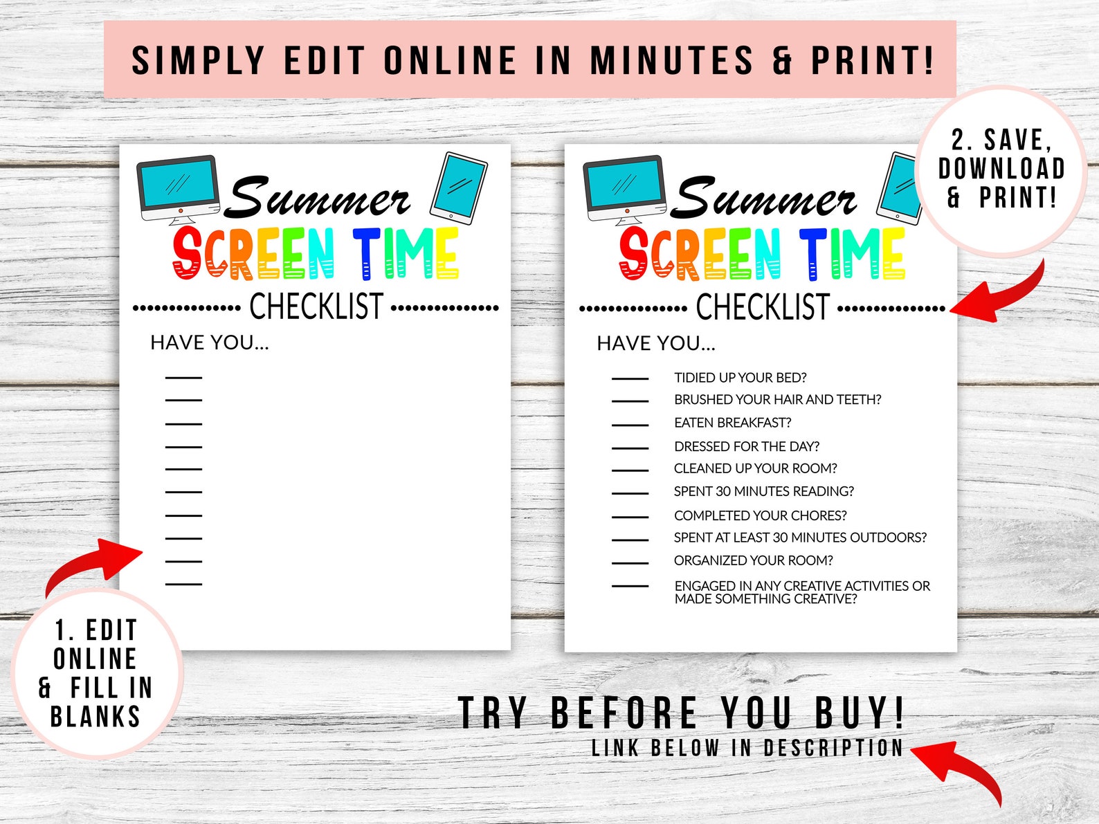 Editable Summer Screen Time Rules for Kids, Summer Planner, Printable ...