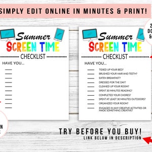 Editable Summer Screen Time Rules for Kids, Summer Planner, Printable ...