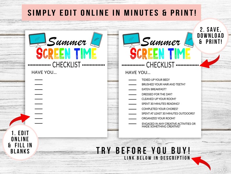 Editable Summer Screen Time Rules for Kids, Summer Planner, Printable ...