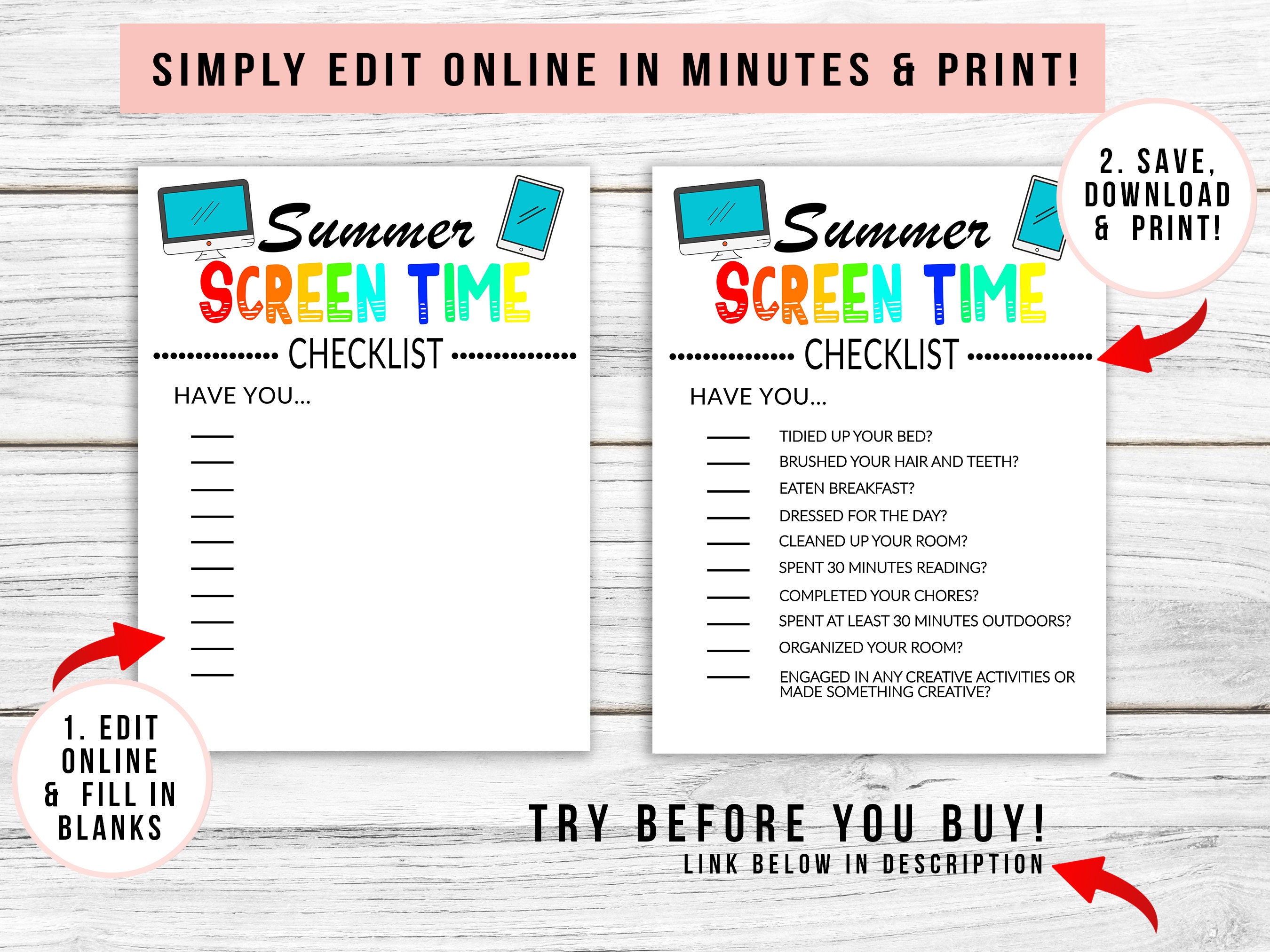 Editable Summer Screen Time Rules for Kids, Summer Planner, Printable ...