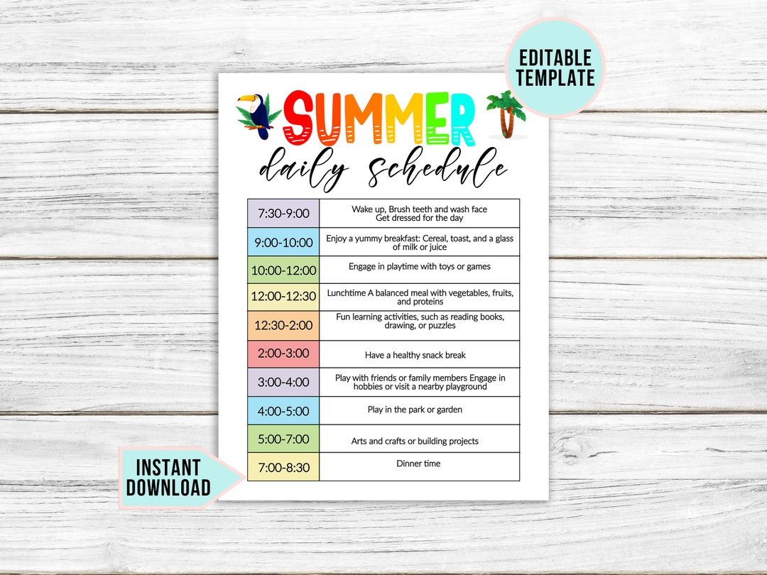 Editable Kids Daily Schedule Template, Summer Schedule Printable, Daily ...