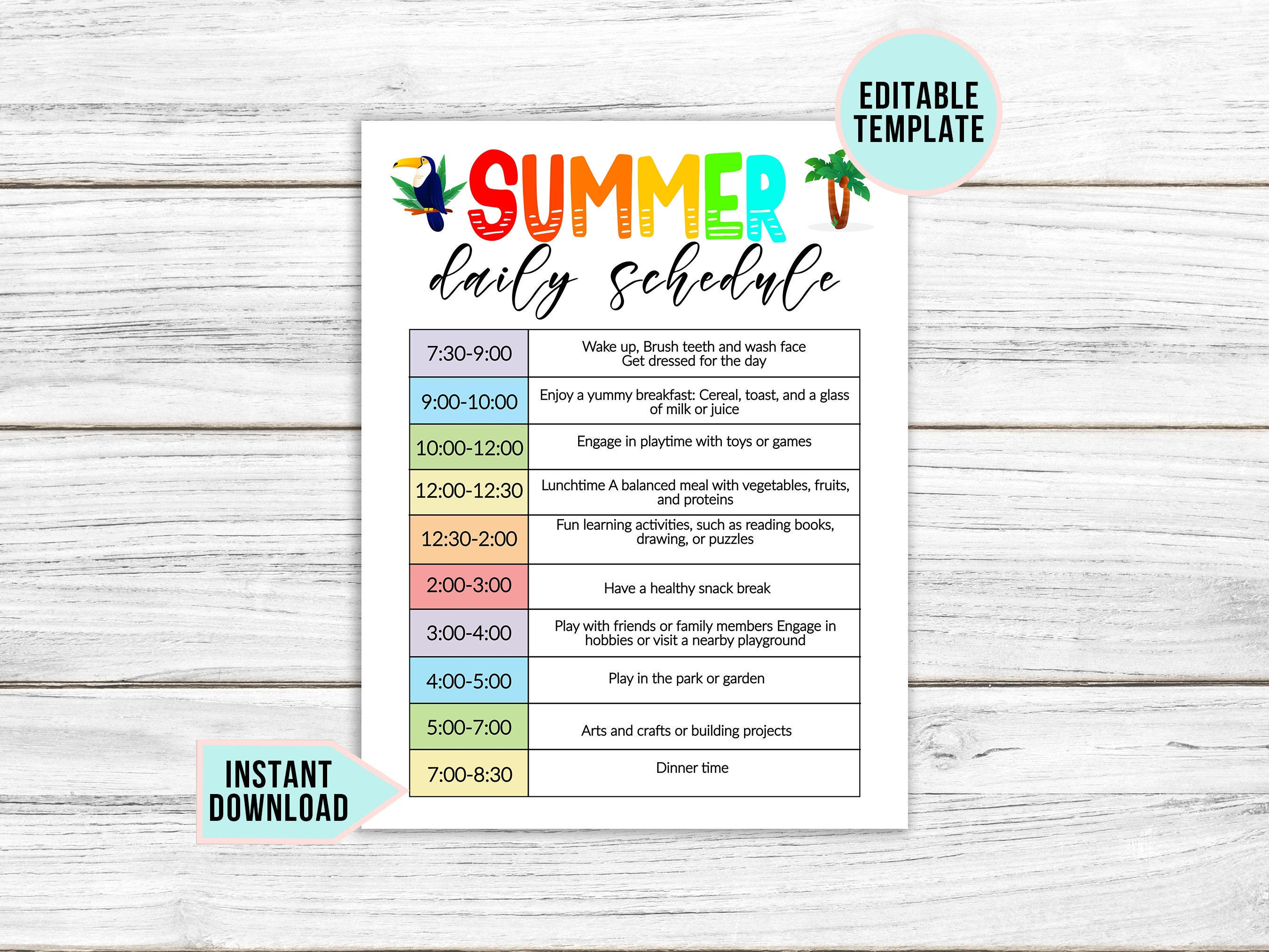Editable Kids Daily Schedule Template, Summer Schedule Printable, Daily ...
