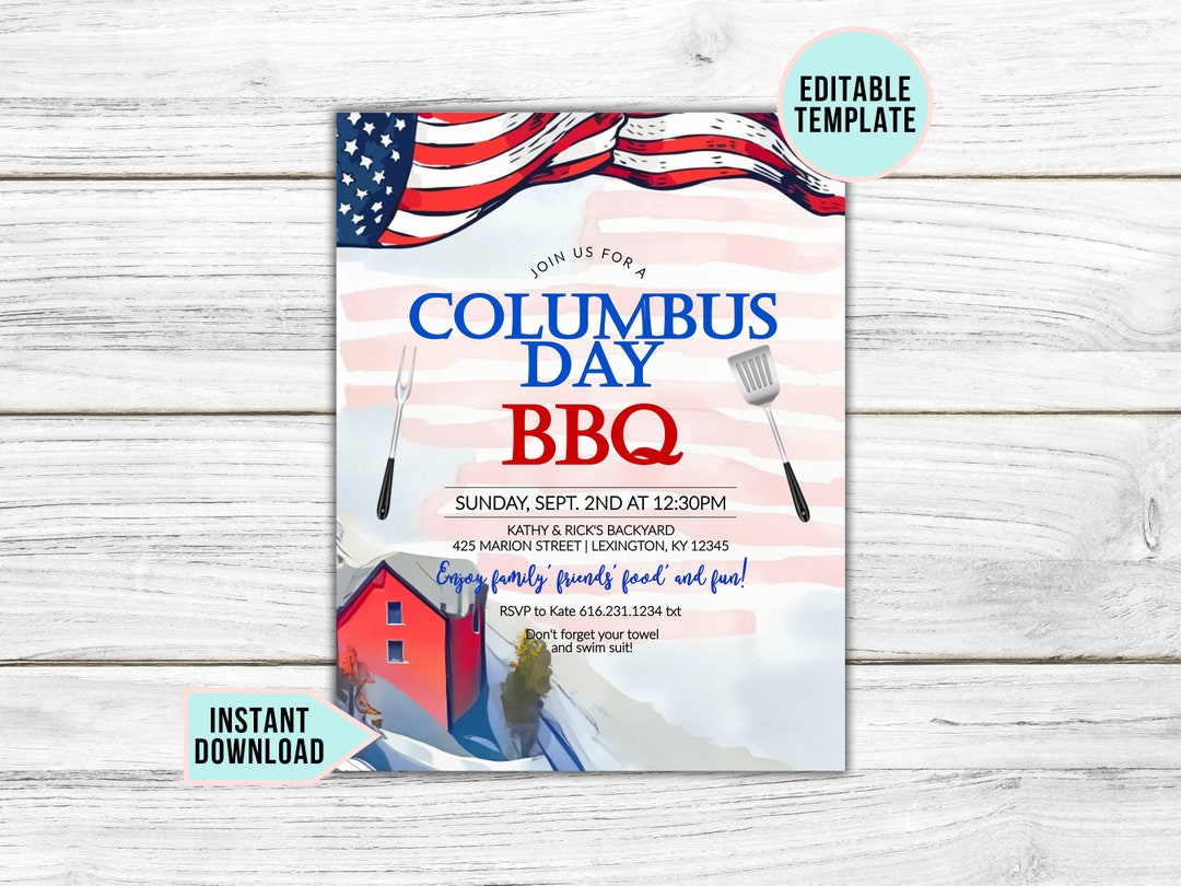 Digital Columbus Day BBQ Invitation, Columbus Day Party Invitation ...