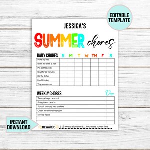 Editable Chore Chart for Kids, Summer Chore Chart, Kids Chores Chart ...
