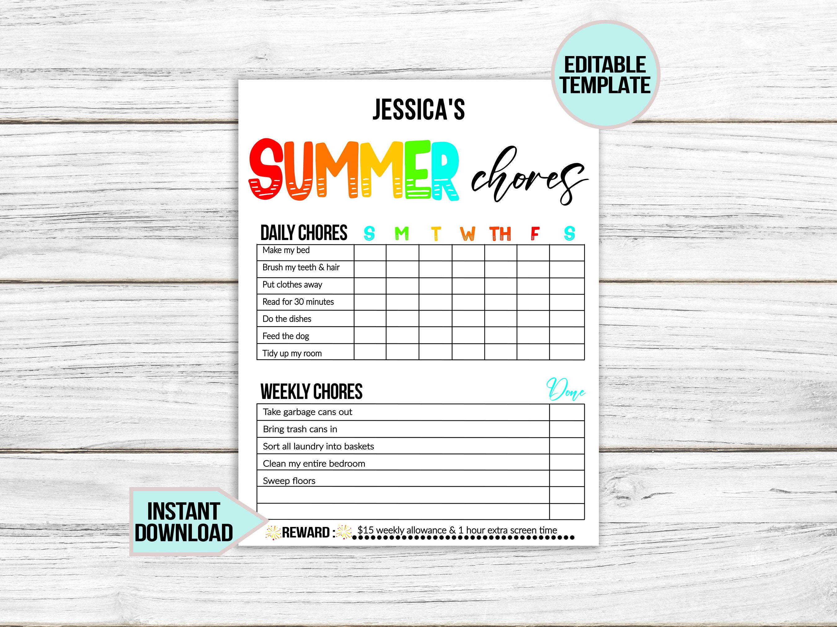 Editable Chore Chart for Kids, Summer Chore Chart, Kids Chores Chart ...
