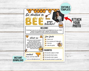 Meet the Teacher Honey-bee Printable Editable Template Welcome Back to ...