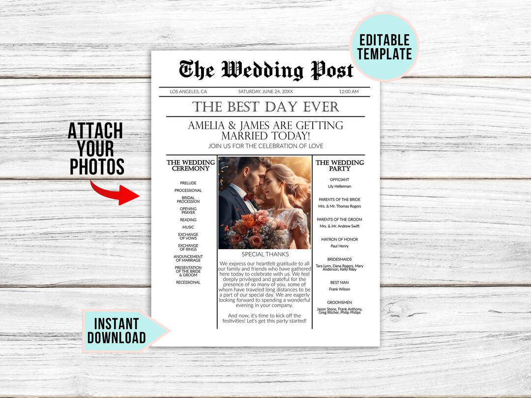 Newspaper Wedding Program Template, Editable Wedding Newspaper Program ...