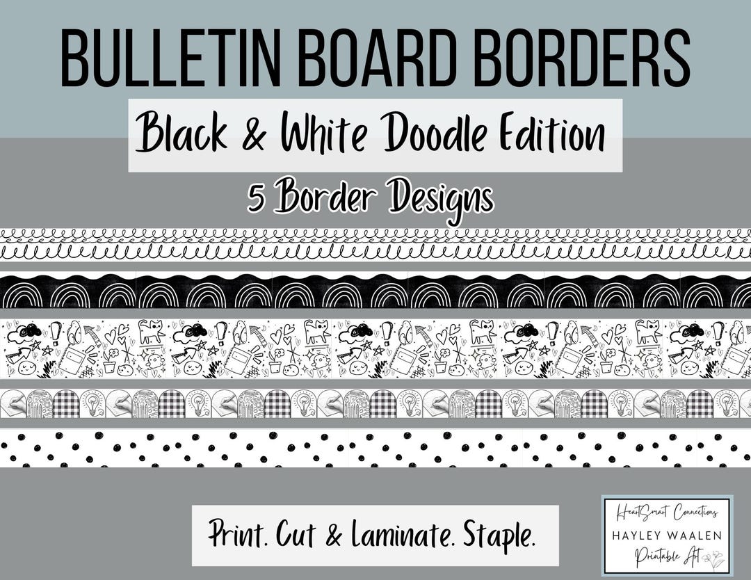 Printable Bulletin Board Borders - Black and White Doodles, Digital ...