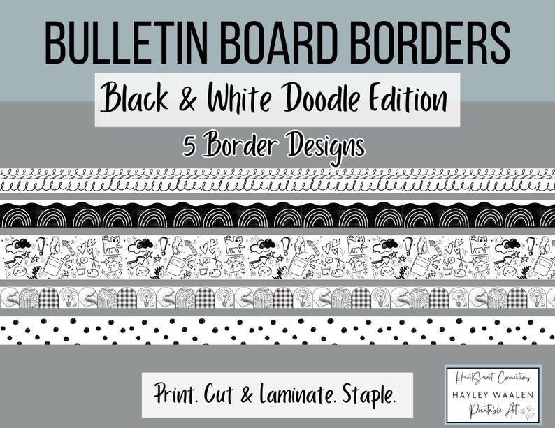 Printable Bulletin Board Borders - Black and White Doodles, Digital ...