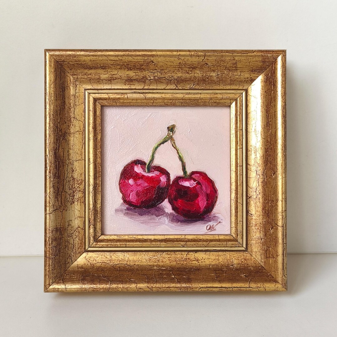 Cherry Oil Painting Framed 4x4 Original Mini Food Art Small Kitchen ...
