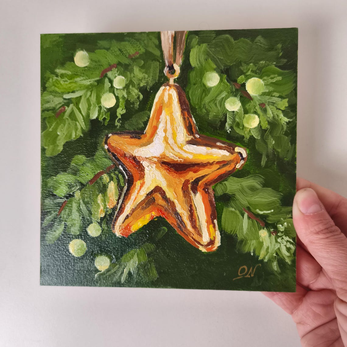 Golden Star Christmas Tree Painting Original 6x6 Oil on Board Holiday ...