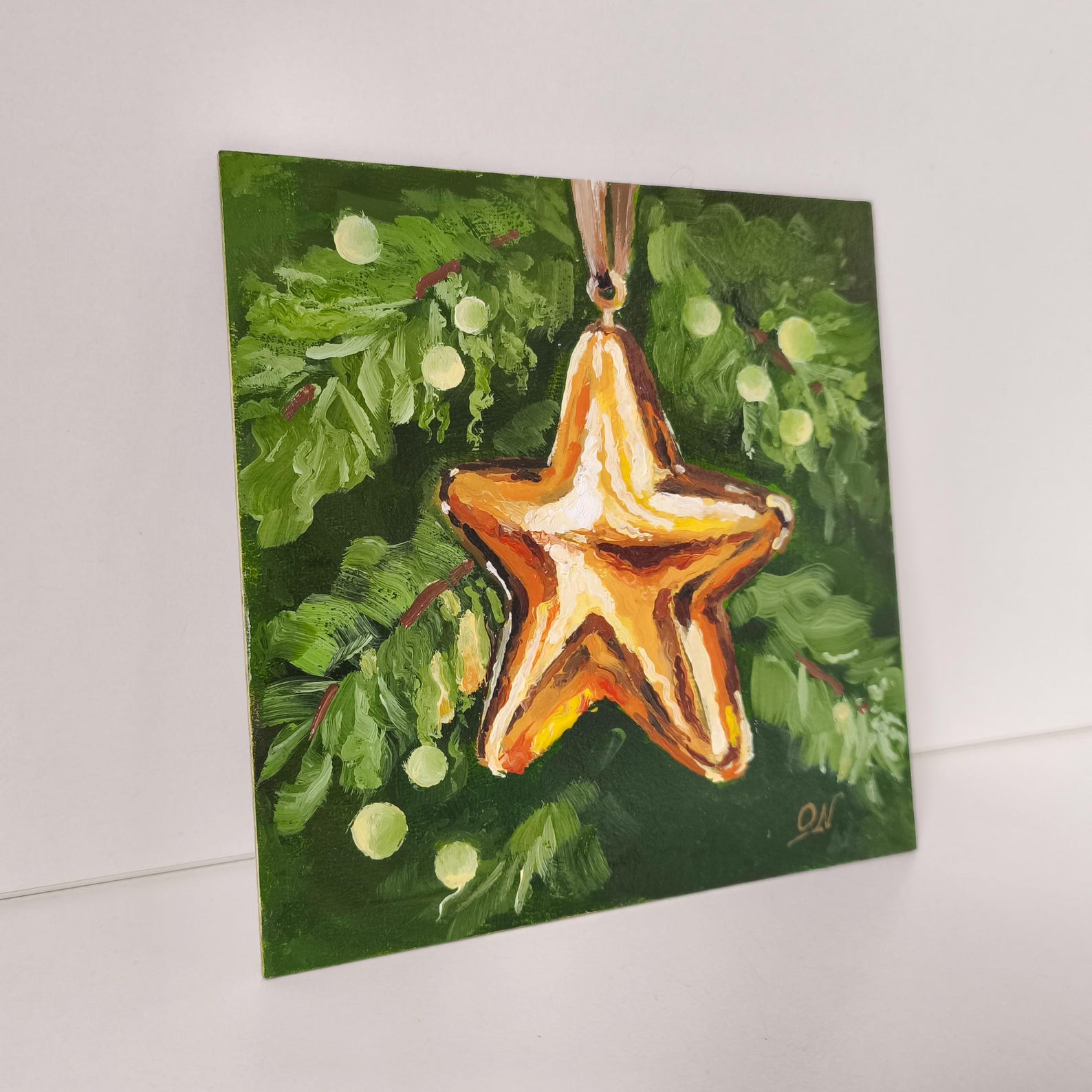 Golden Star Christmas Tree Painting Original 6x6 Oil on Board Holiday ...