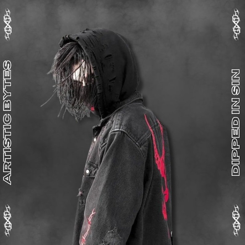 Black Button up Denim Jacket With Red Demon Print, Ripped Denim Ajcket ...