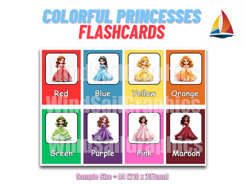 Colorful Princesses Flashcards, Color Educational Printable Cards With ...