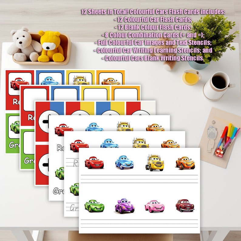 Colorful Cars Flashcards, Printable for Children, Color Sorting Cards ...