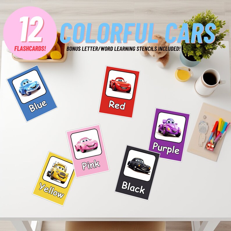 Colorful Cars Flashcards, Printable for Children, Color Sorting Cards ...