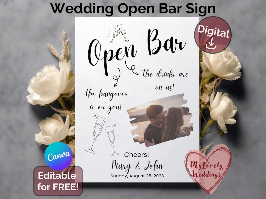 Open Bar Sign Canva Template, Wedding Open Bar Printable Sign, Drinks ...