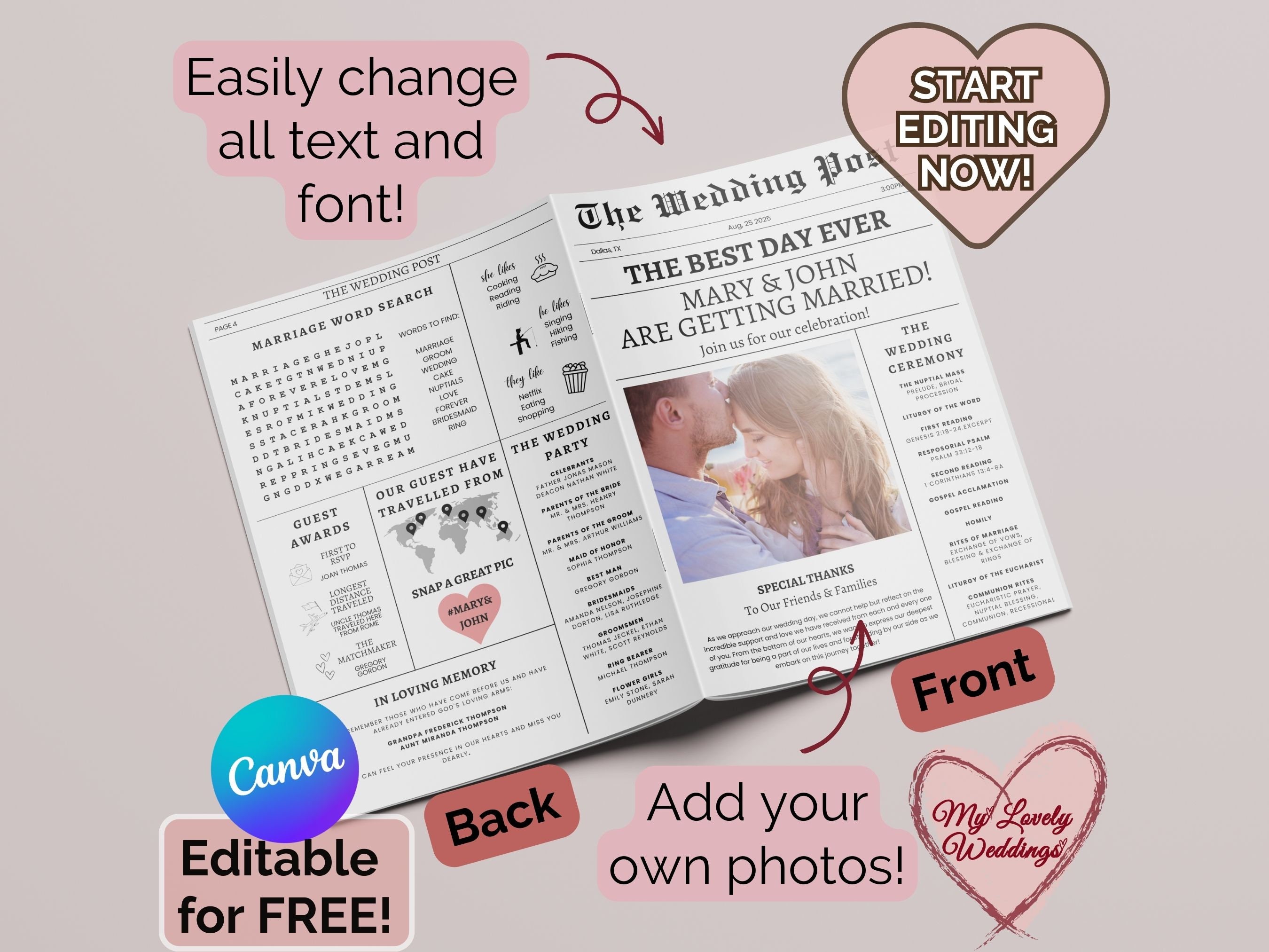Printable Newspaper Wedding Program Canva Template, Editable Wedding ...