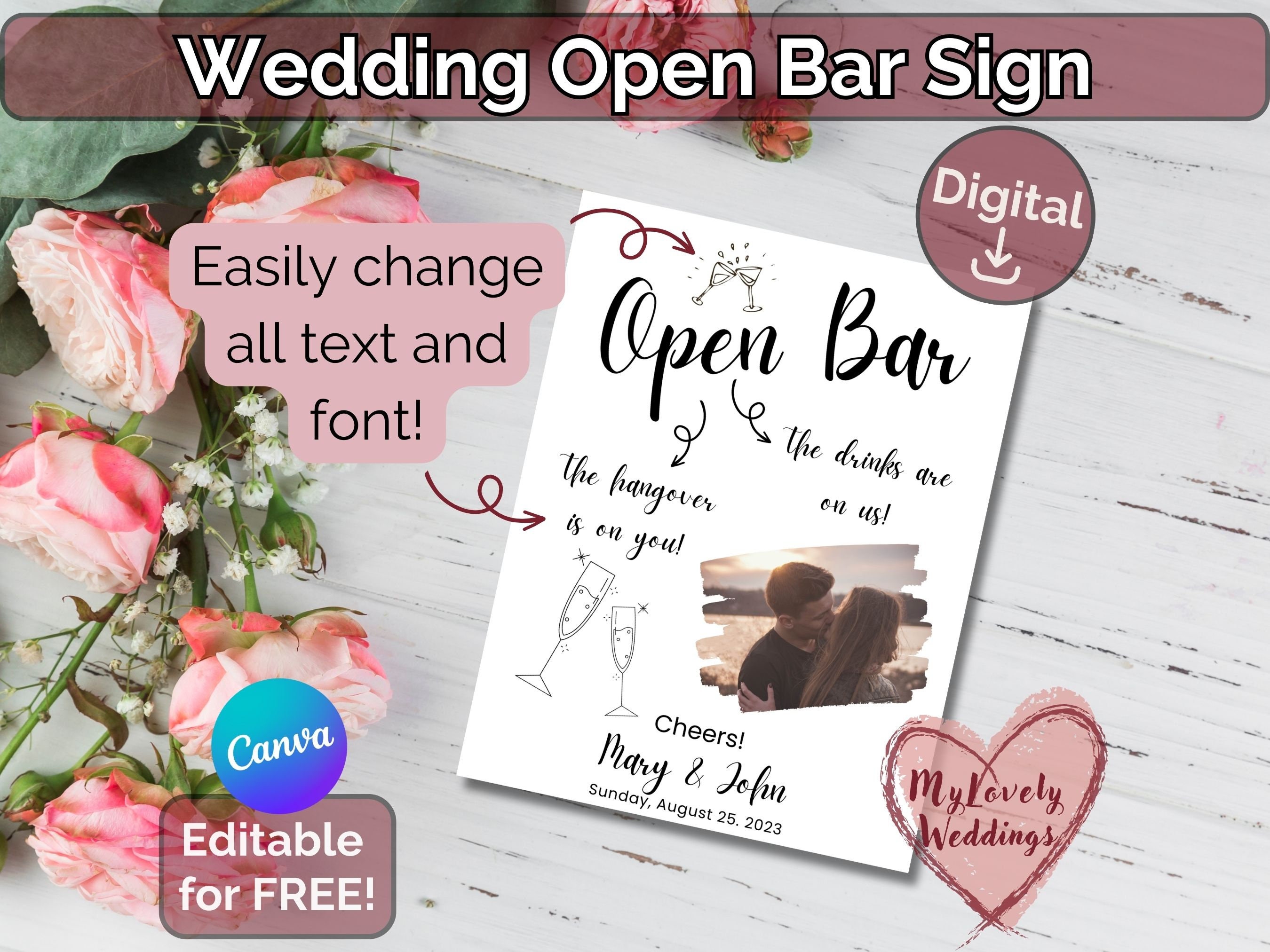 Open Bar Sign Canva Template, Wedding Open Bar Printable Sign, Drinks ...