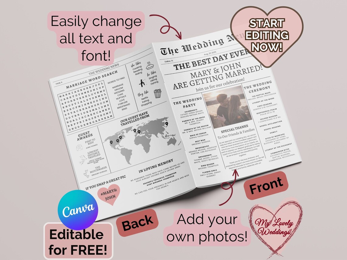 Printable Newspaper Wedding Program Canva Template, Editable Wedding ...