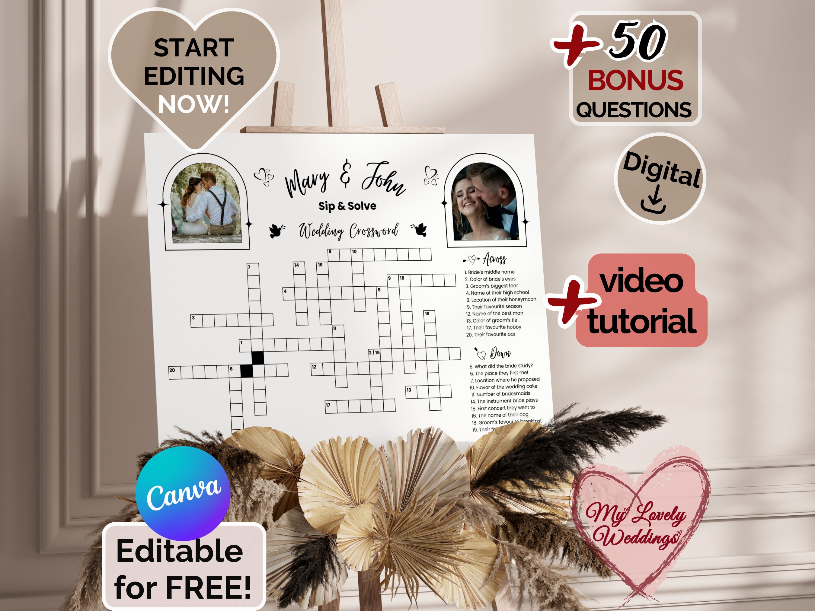 Large Wedding Crossword Puzzle, Wedding Table Games, Minimalist Wedding ...