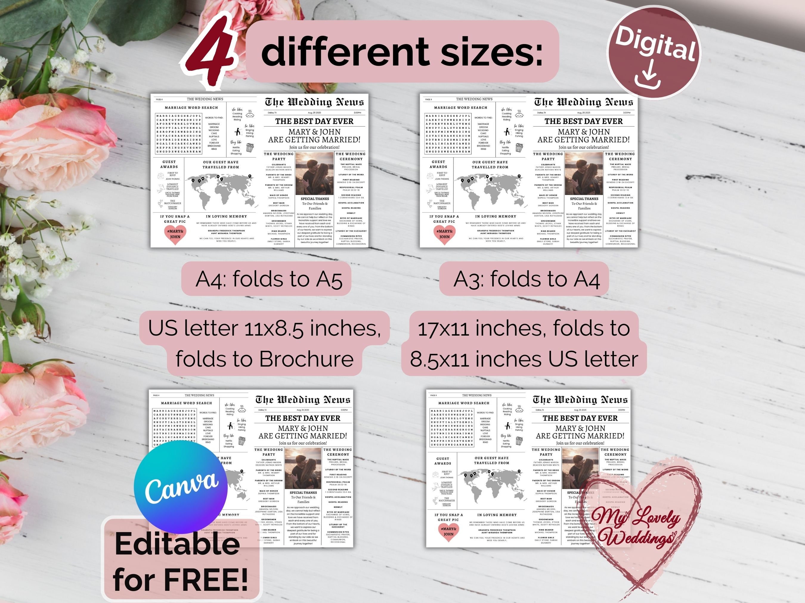 Printable Newspaper Wedding Program Canva Template, Editable Wedding ...