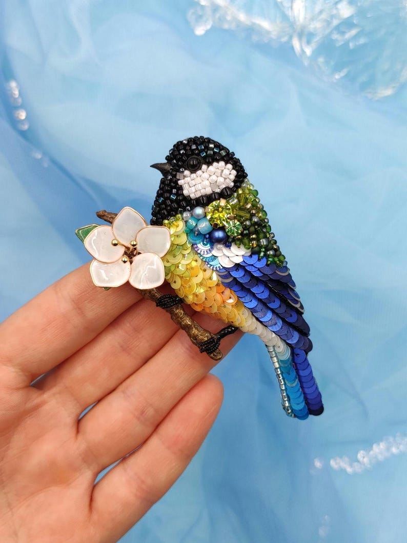 Handmade Beaded Spring Bird Brooch Embroidered Blue Green Bird Brooch ...