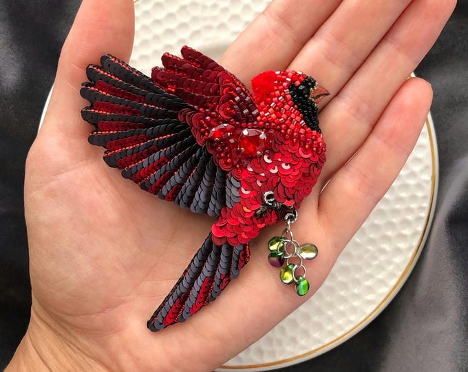 Handmade Bird Brooch, Beaded Red Cardinal Brooch, Christmas Gift ...