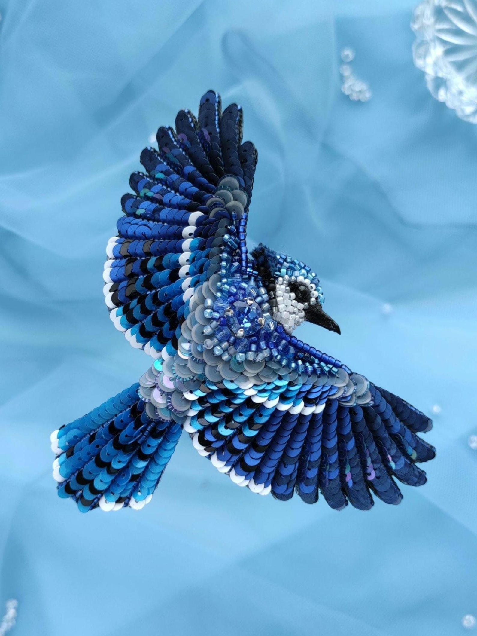 TO ORDER Handmade Beaded Blue Jay Brooch. Embroidered Blue Bird Brooch ...
